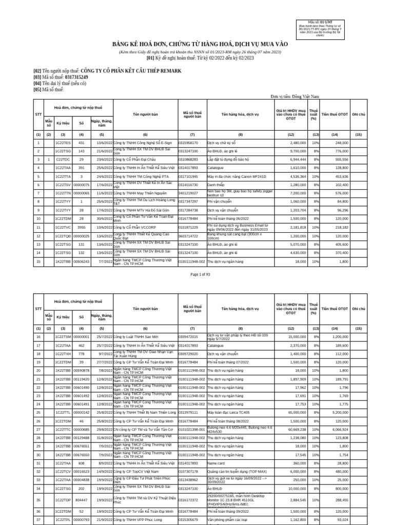 01-1.HT Bảng kê HHDV mua vào 2022, Q1, Q2-2023 (bé Hân) (1) | PDF