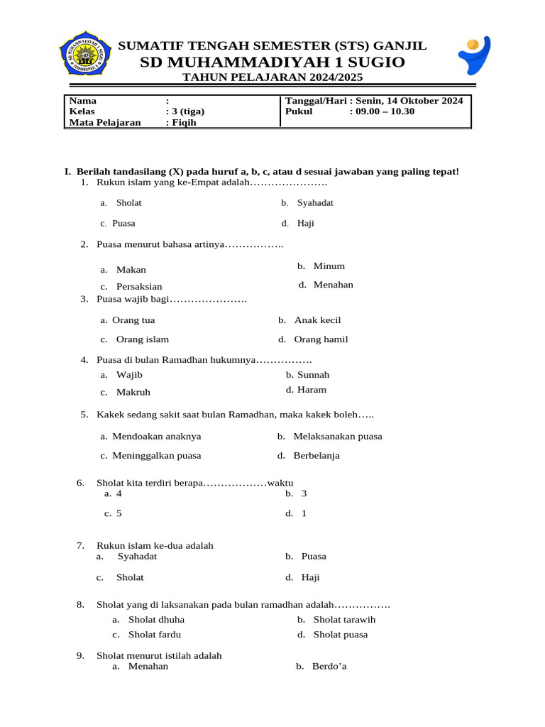 Soal Fiqih Kelas 3 2024 | PDF