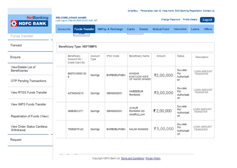 HDFC Bank NetBanking Transfer Report | PDF | Service Industries ...
