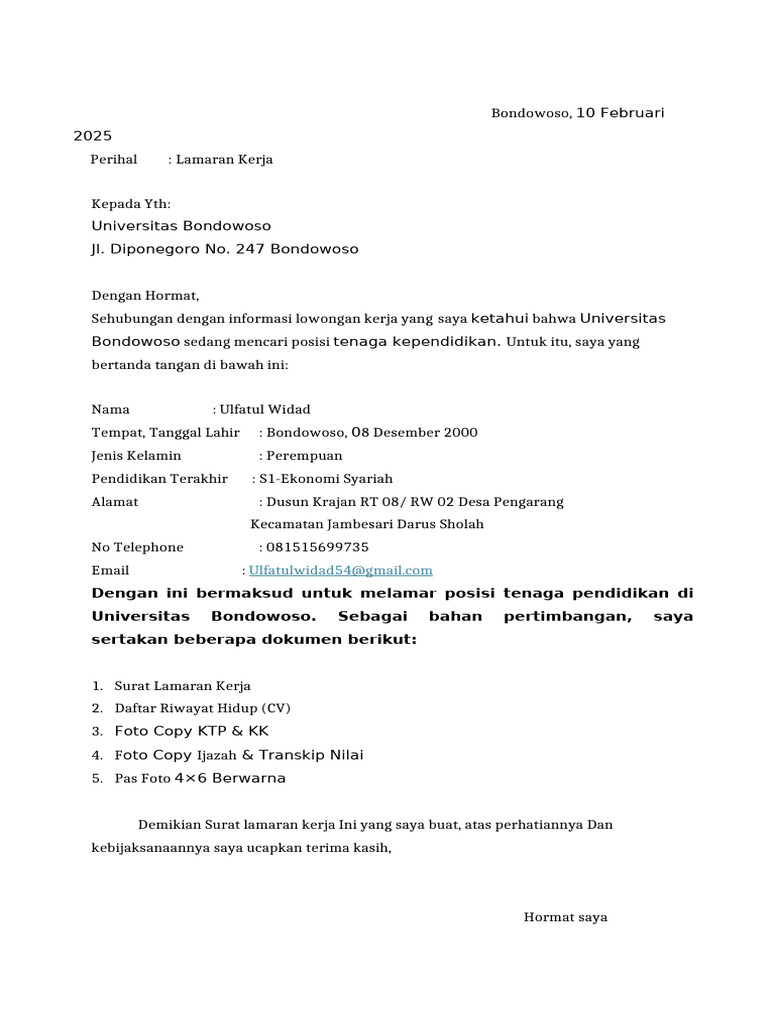Surat Lamaran Kerja Widad Bps-1-1 | PDF