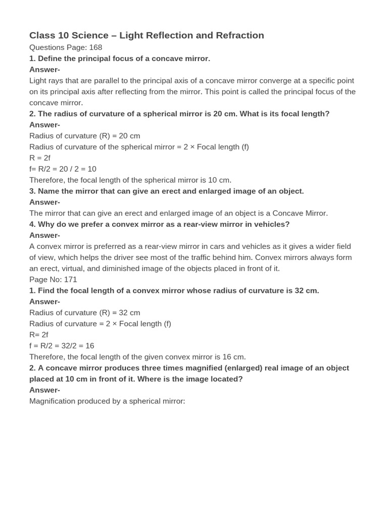 Class 10 Science: Light Reflection & Refraction | PDF | Mirror ...
