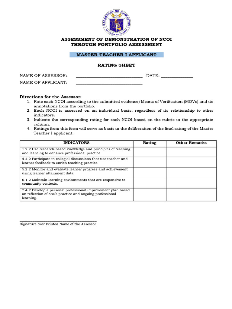 NCOI Rating Sheet for Master Teacher I | PDF