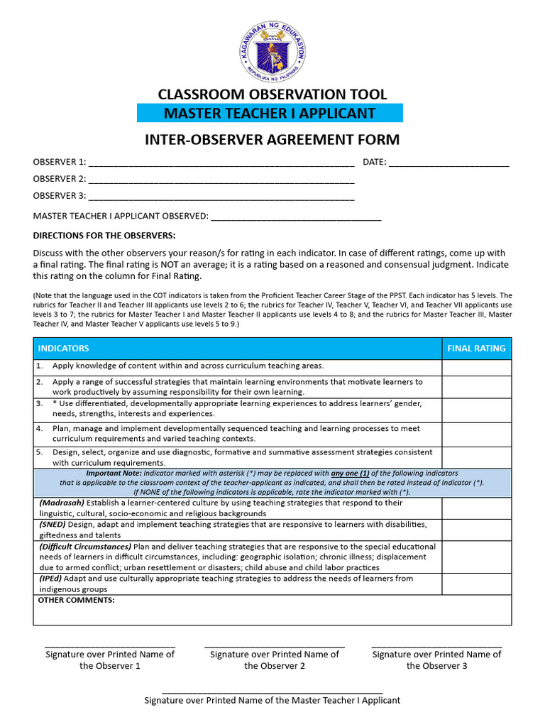 COT-Inter-Observer Agreement Form Master Teacher I Applicant | PDF | Teachers | Educational ...