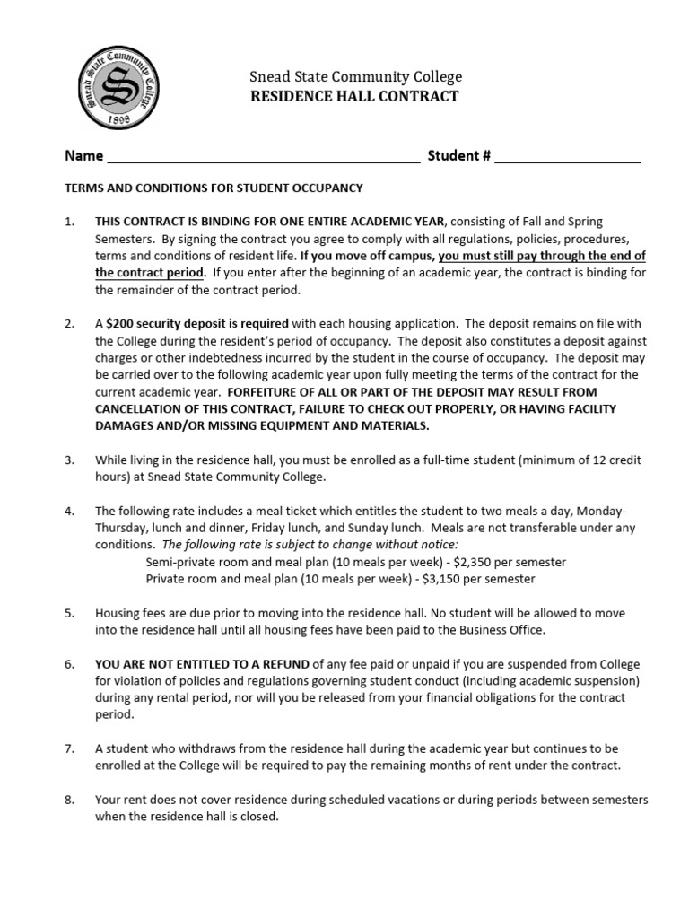 Snead State Residence Hall Contract | PDF | Legal Liability | Fee