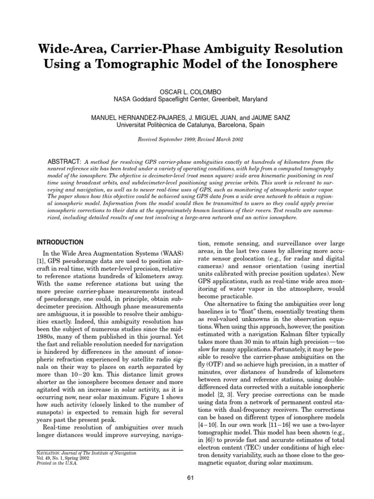 Wide-Area, Carrier-Phase Ambiguity Resolution Using a Tomographic Model of the Ionosphere | PDF ...