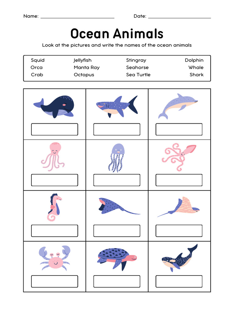 White Colorful Ocean Animals Vocabulary Activity Worksheet - 20250207 ...