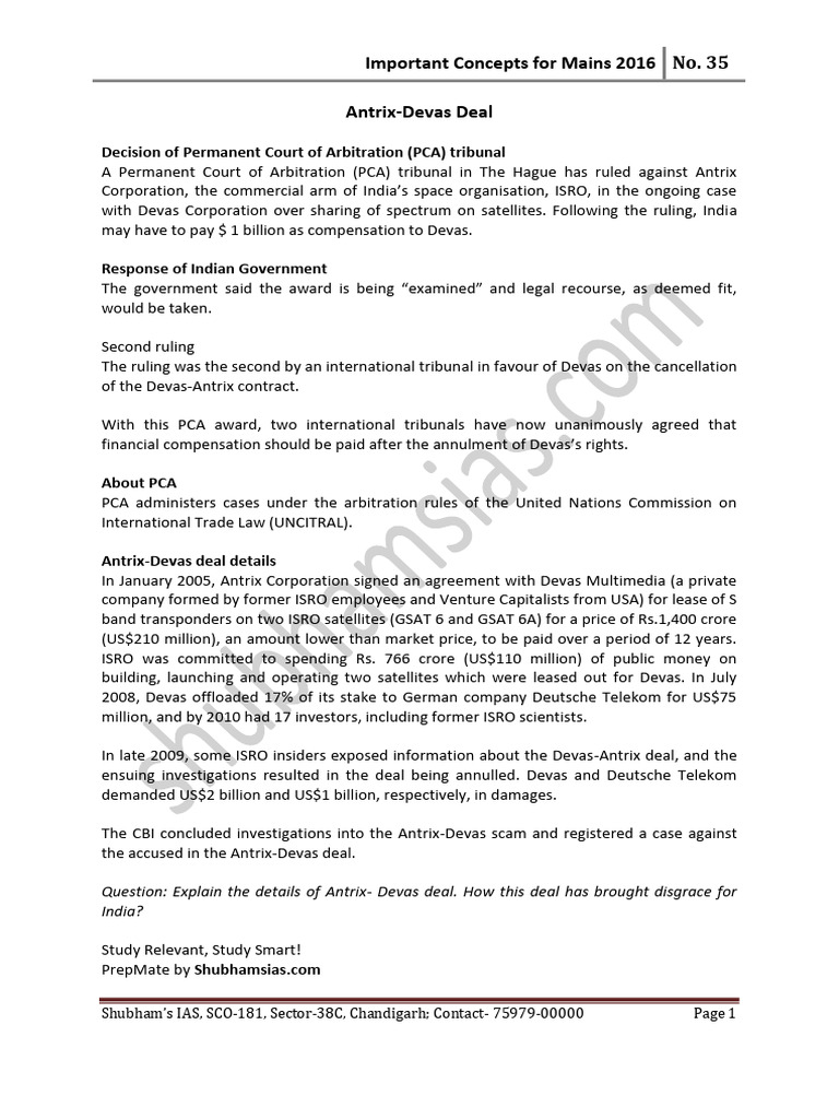 Mains 2016 Concept No. 35 Antrix Devas Deal | PDF