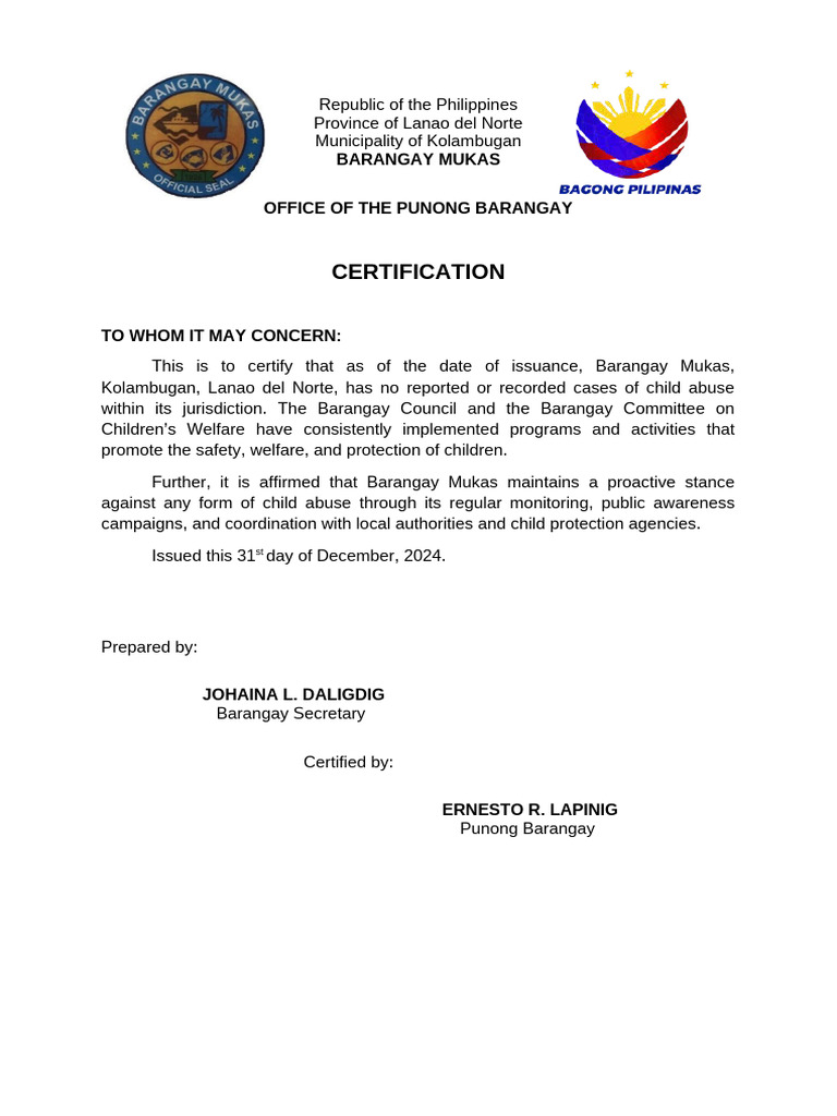 Certification of No Child Abuse | PDF
