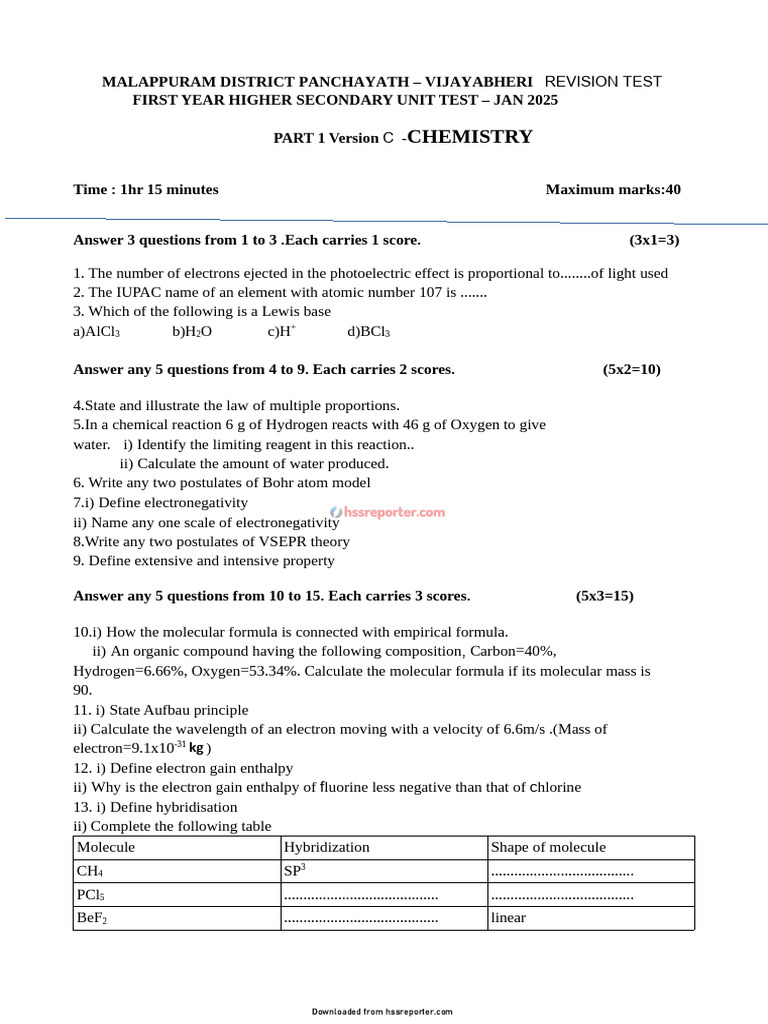 Chemistry Unit Test January 2025 | PDF | Chemical Reactions | Molecules