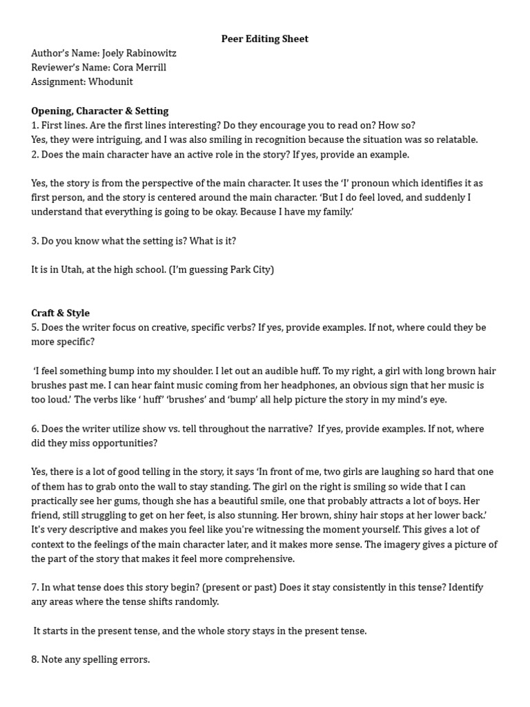 Peer Editing Sheet - Narrative | PDF | Grammatical Tense | Languages