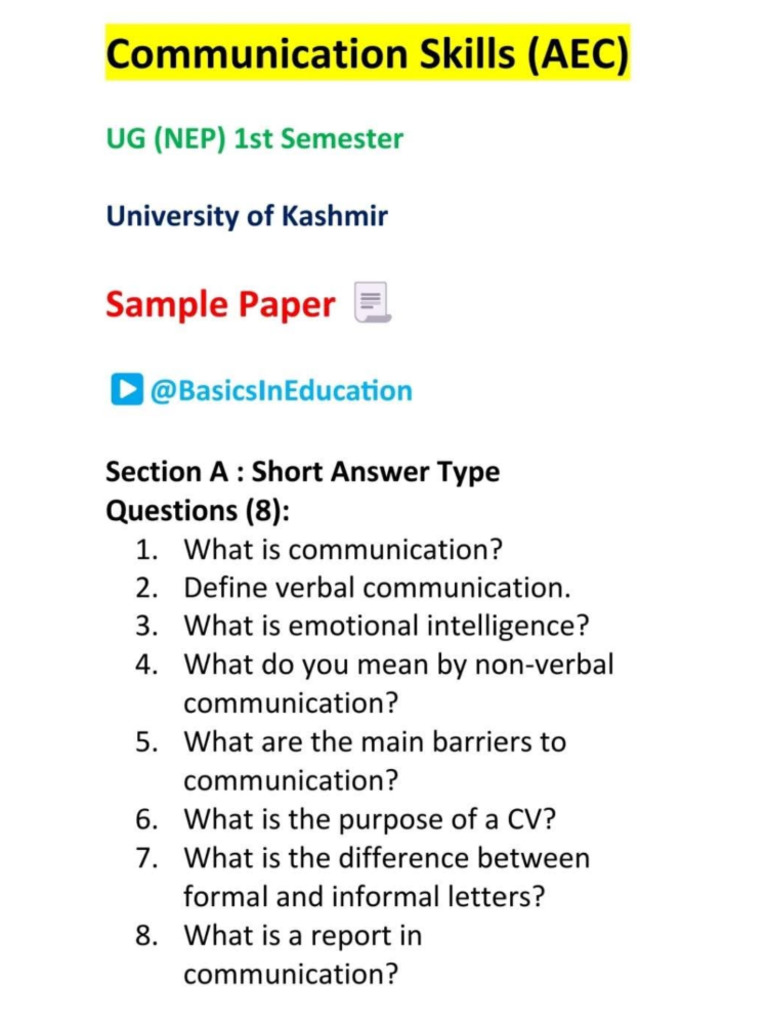 Communication Skills Ist Sem Sample Paper | PDF