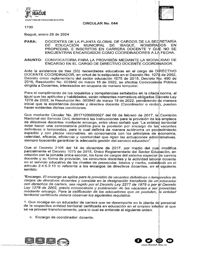 Circular 044 Convocatoria en Modalidad de Encargo Directivo Docente Coordinador | PDF