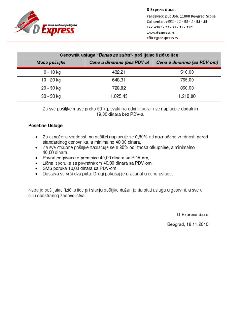 Cenovnik Usluga D Express Za Fizička Lica | PDF