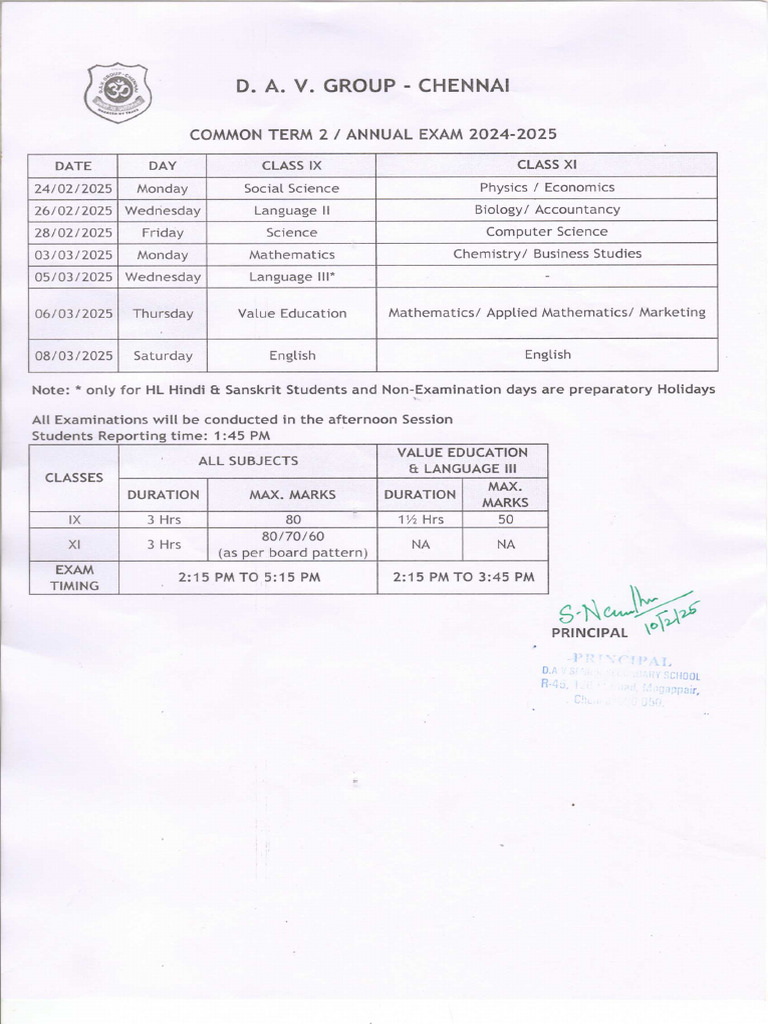 Term Ii - Annual - Time Table - Class Ix & Xi | PDF
