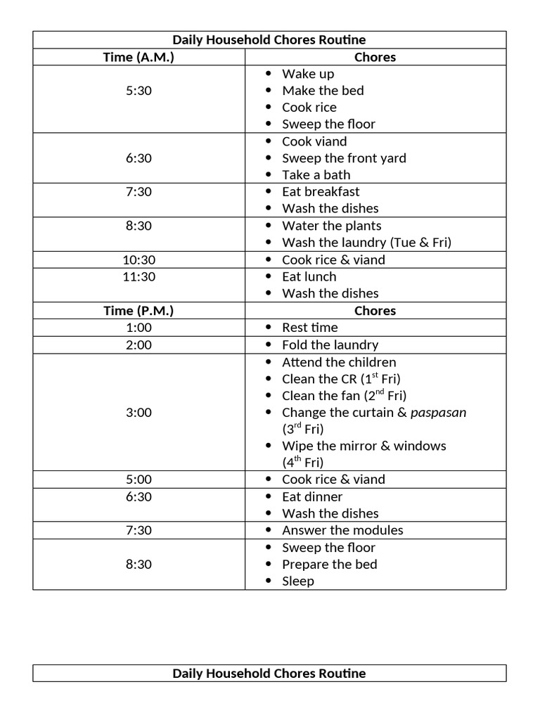 Daily Chores Schedule | PDF | Housekeeping | Lunch