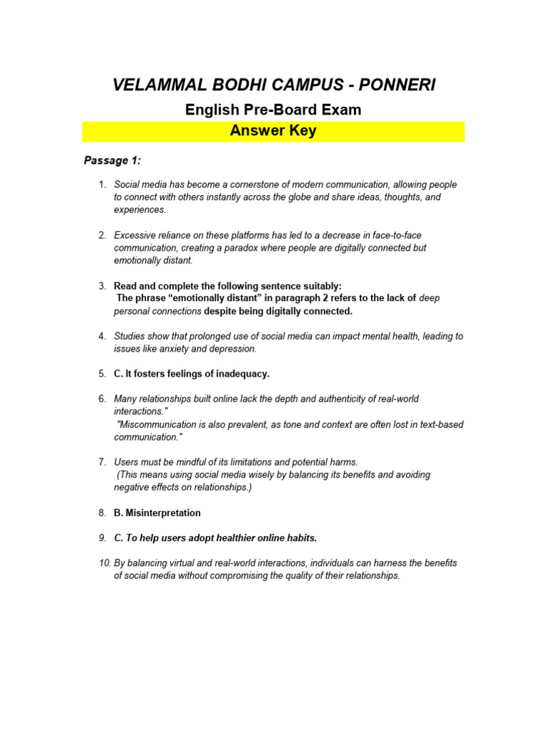 English Pre- Board Answer Key | PDF