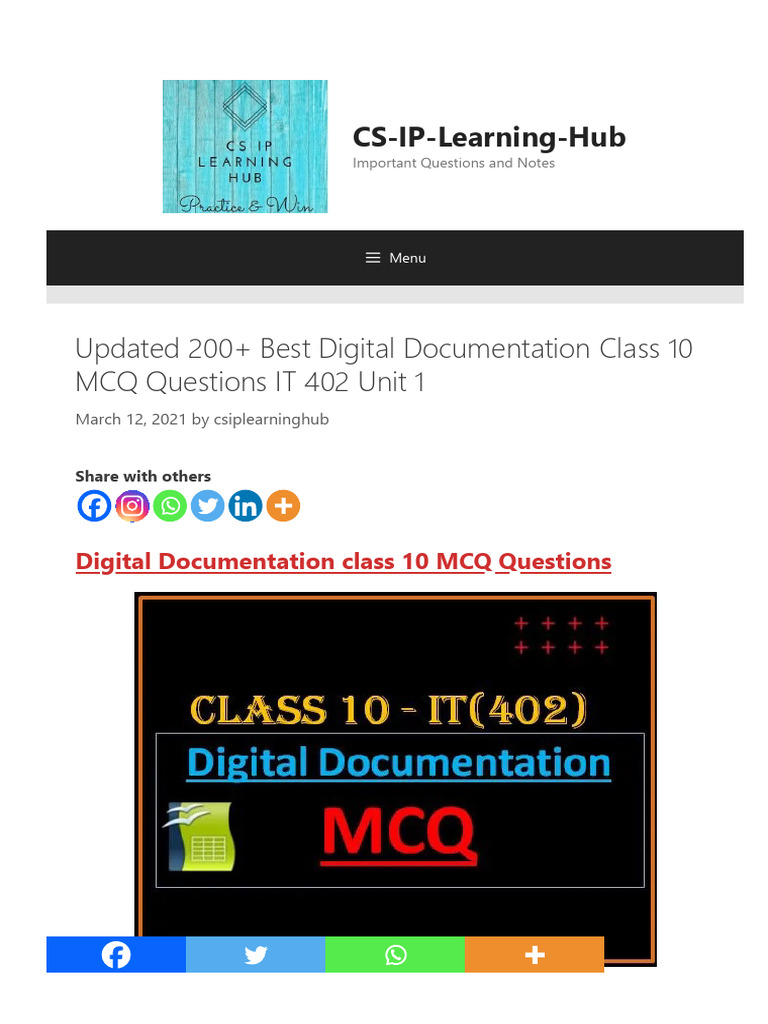Csiplearninghub Com Digital Documentation Class 10 MCQ Questions ... | PDF | Image Scanner ...