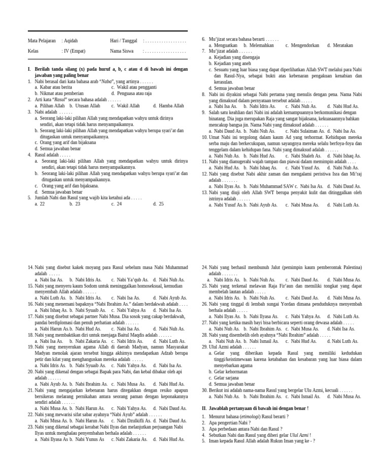 Kuis Aqidah: Nabi dan Rasul dalam Islam | PDF