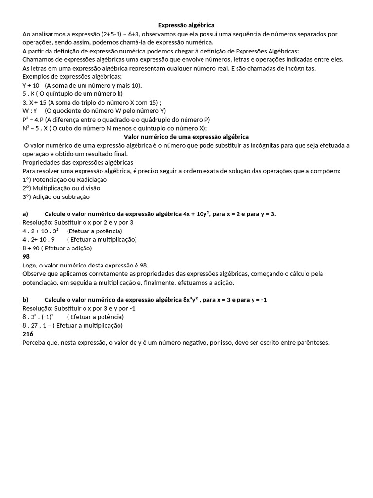 Entendendo Expressões Algébricas | PDF