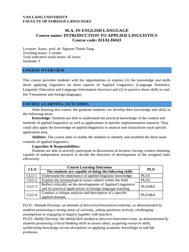 Course Outline - Intro To Applied Linguistics | PDF | Linguistics | Knowledge