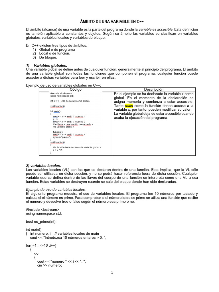 Ambito de variables en C++ | PDF | C ++ | Variable (informática)