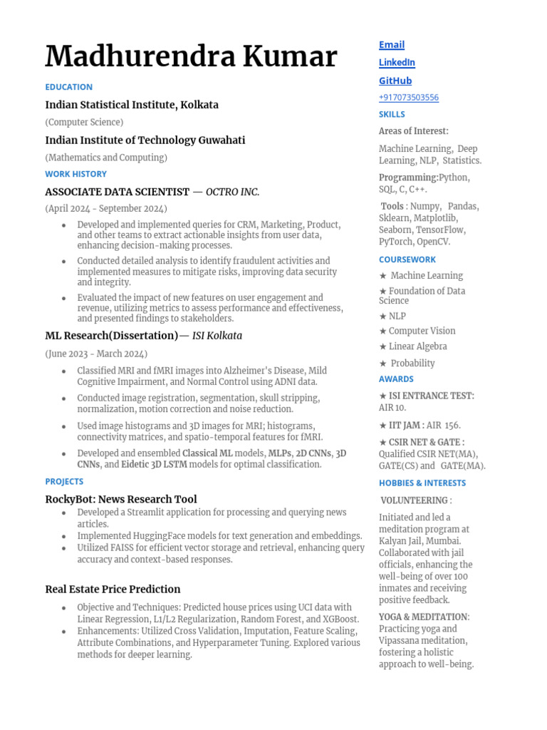 CV Madhurendra Kumar Data Science | PDF | Machine Learning | Applied Mathematics