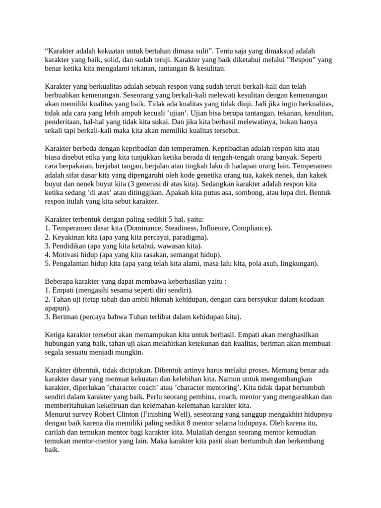 Karakter Adalah Kekuatan Untuk Bertahan Dimasa Sulit | PDF