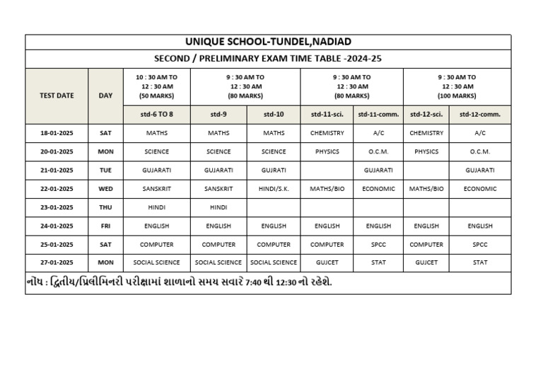 Std 6-12 Preliminary Exam Timetable 2025 | PDF