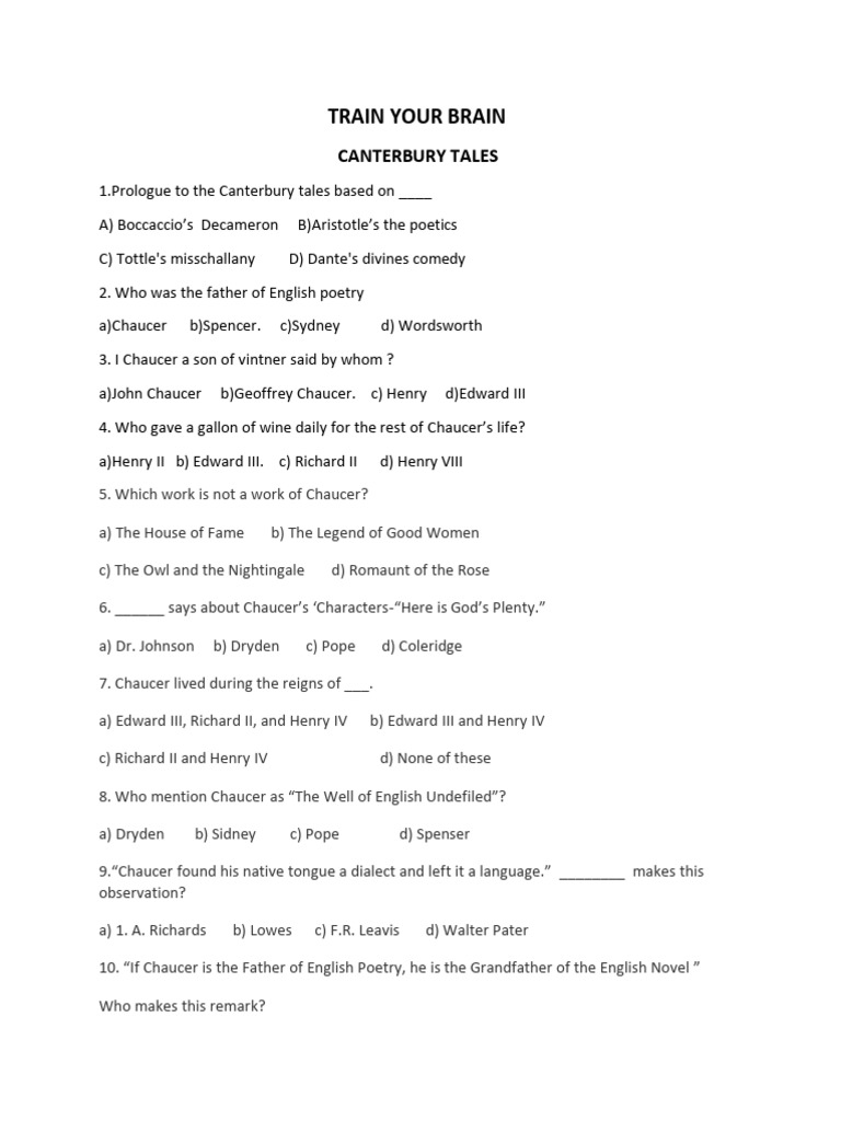 TYB UNIT 1 CANTERBURY TALES Test | PDF | The Canterbury Tales | Middle ...