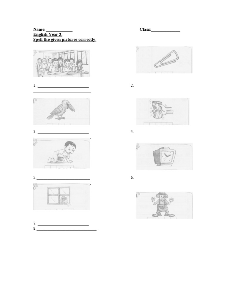 Name: - Class: - English Year 3. Spell The Given Pictures Correctly | PDF