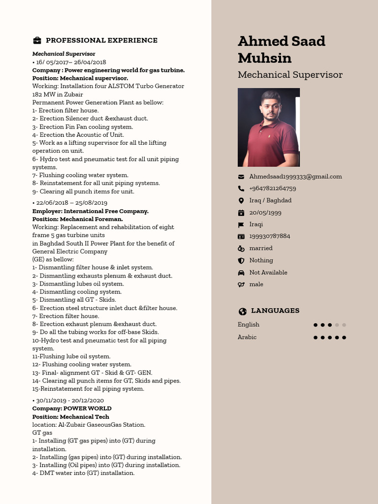 Ahmed-Saad-Muhsin-CV | PDF | Pipe (Fluid Conveyance) | Manufactured Goods