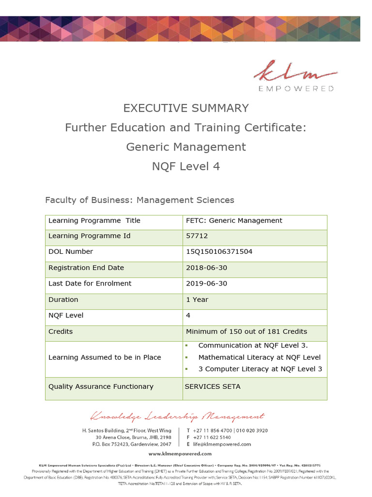 Generic Management NQF 4 | PDF | Cognition | Learning