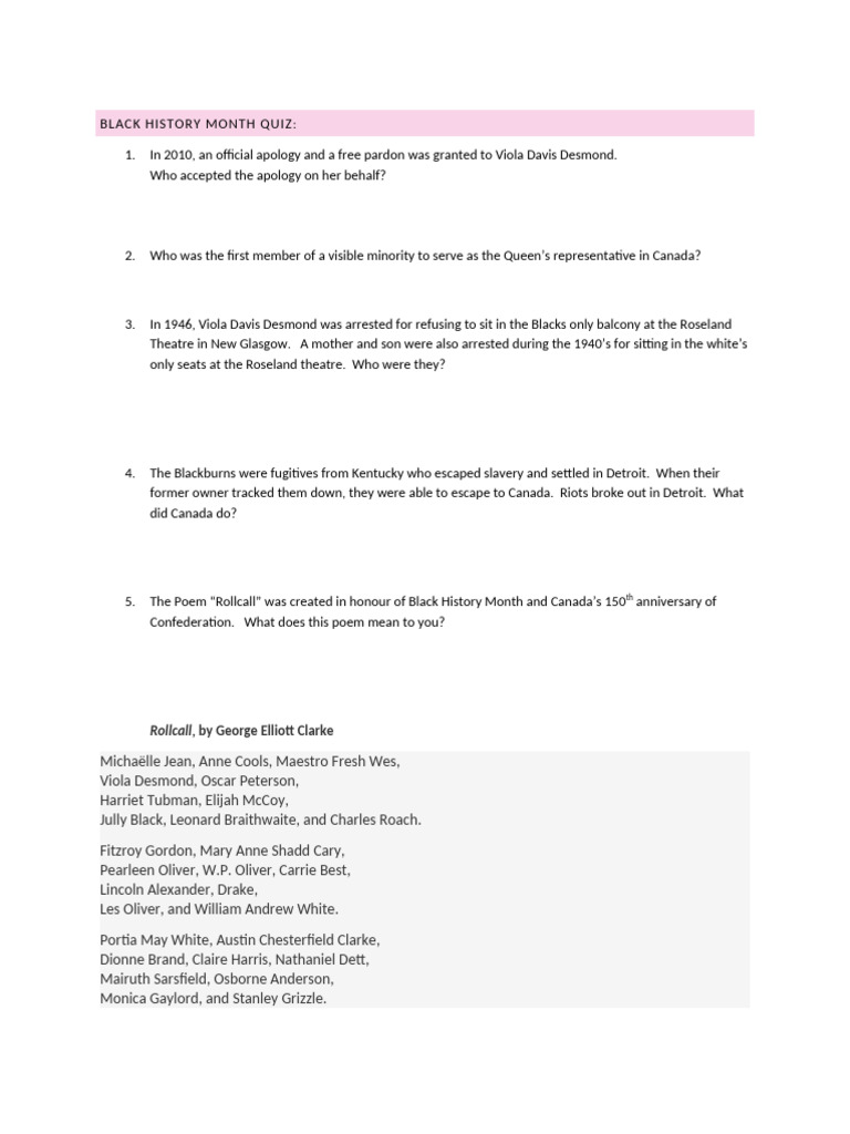 Black History Month Quiz | PDF | Canadian People