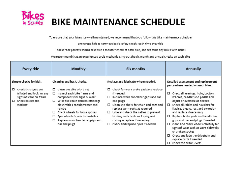 Comprehensive Bike Maintenance Schedule | PDF | Vehicle Technology ...