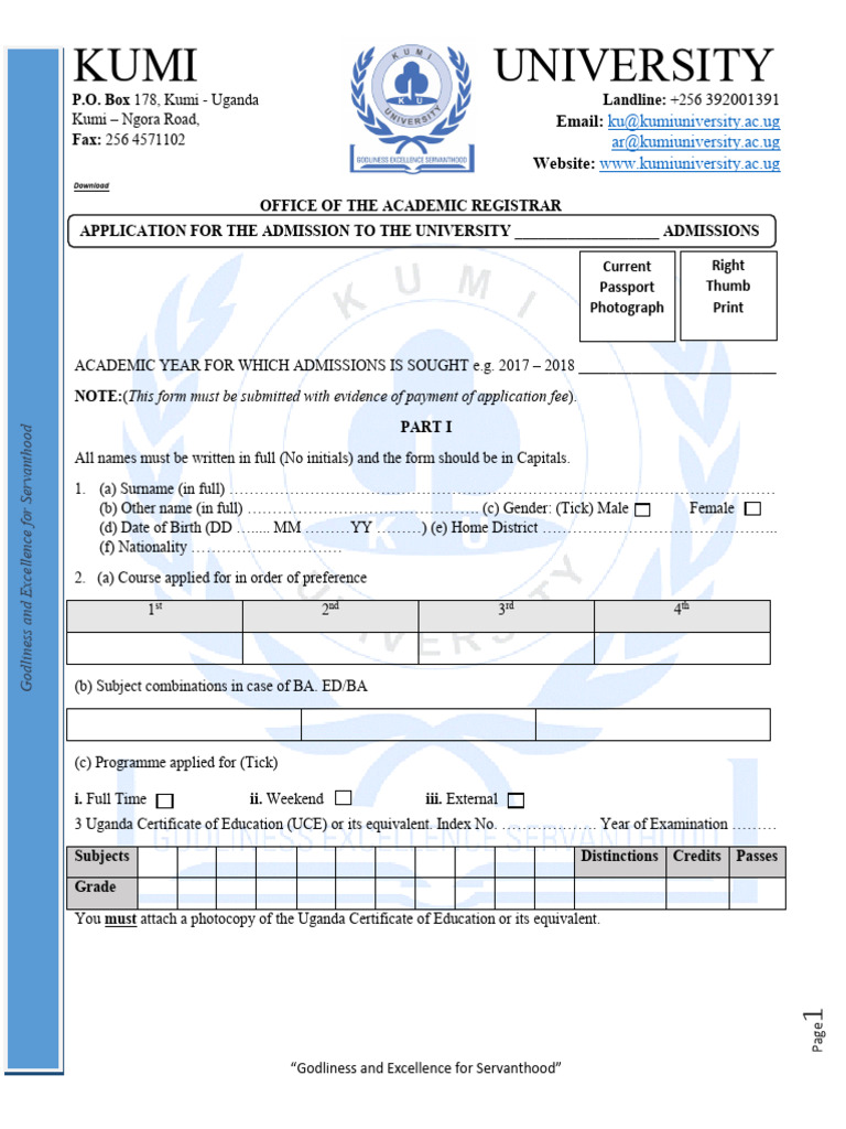 Kumi University Admission Application Form | PDF
