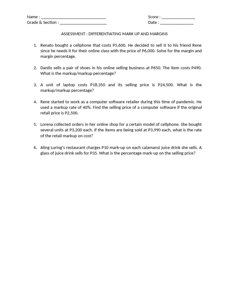 Quiz-Differentiating Mark-Up & Margins | PDF