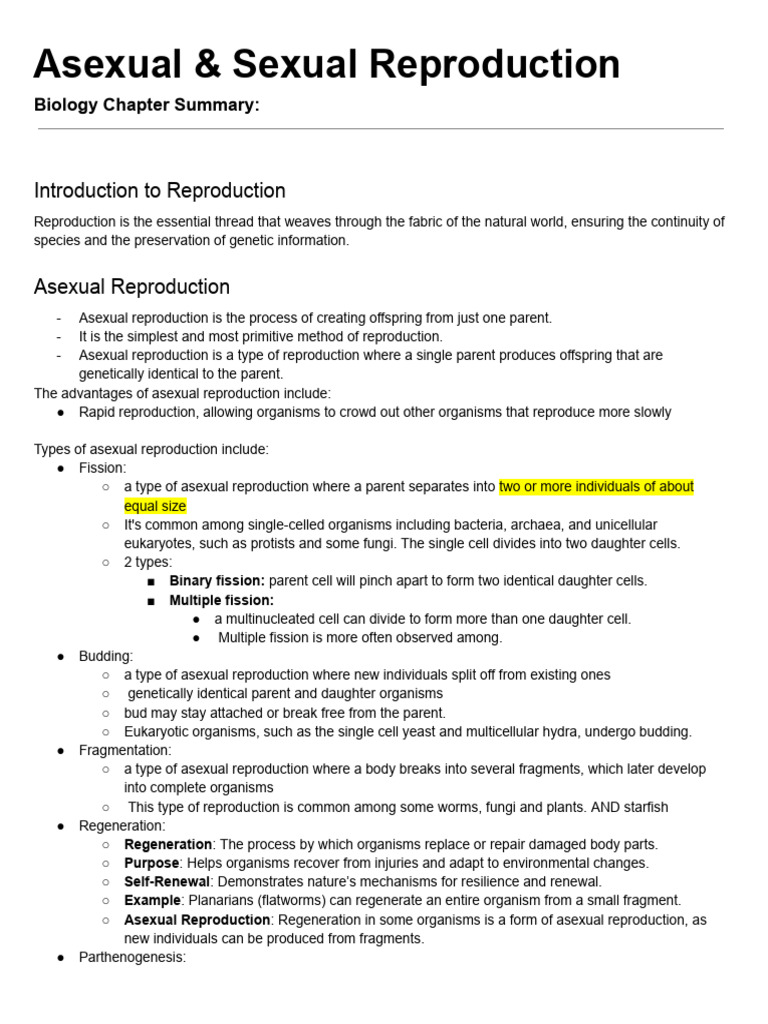 Asexual and Sexual Reproduction - Biology Chapter Summary | PDF ...