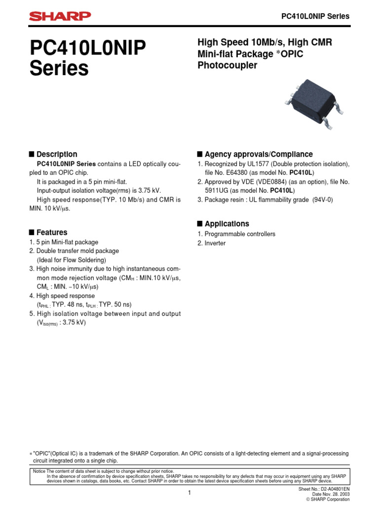 PC410L0NIP Sharp Microelectronics Datasheet 144799 | PDF | Capacitor | Soldering