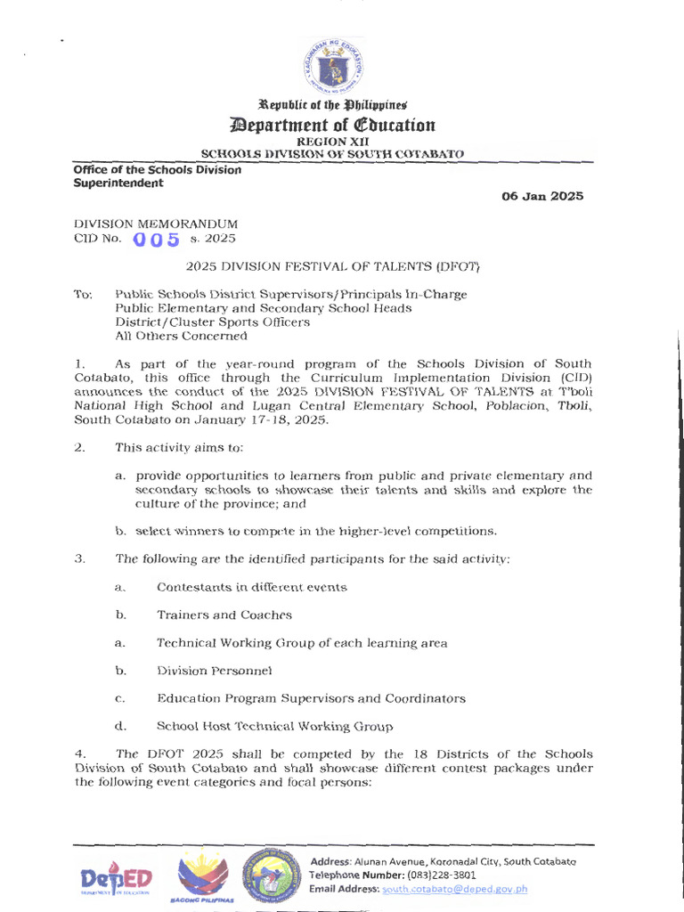 DM-CID-No.-005-s.-2025-2025-DIVISION-FESTIVAL-OF-TALENTS-DFOT-2 | PDF ...