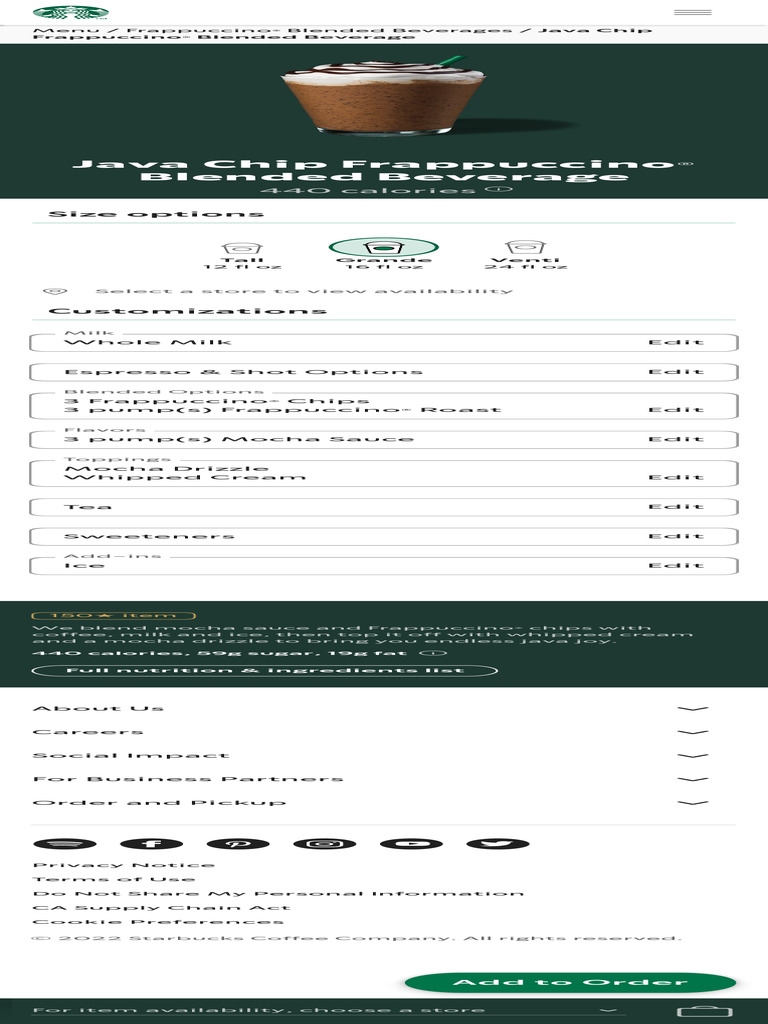 Java Chip Frappuccino® Blended Beverage Starbucks Coffee Company | PDF