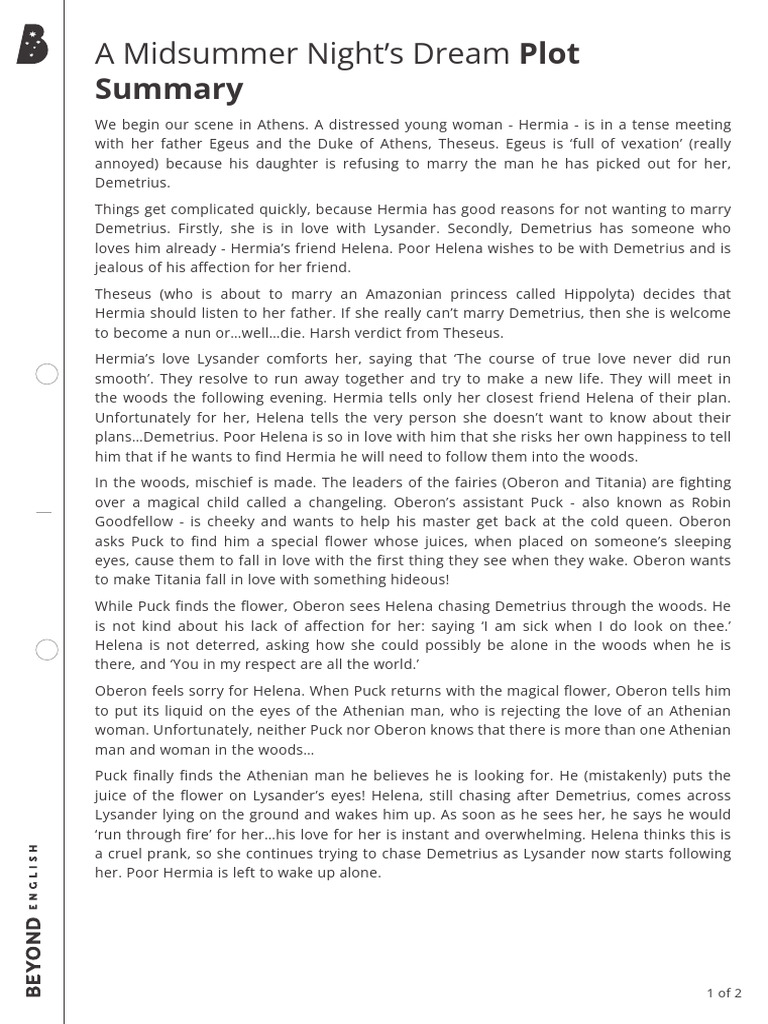 A Midsummer Night's Dream - Plot Summary | PDF | A Midsummer Night's Dream
