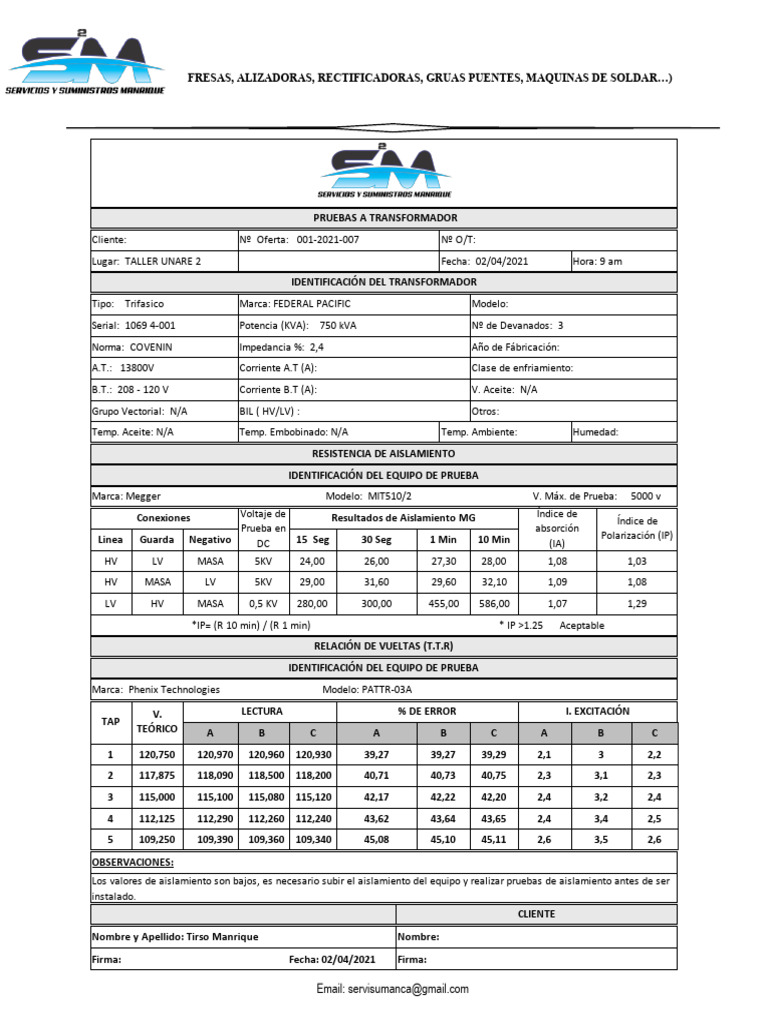 Protocolo de Pruebas de Transformador | PDF | Transformador | Aislador (Electricidad)