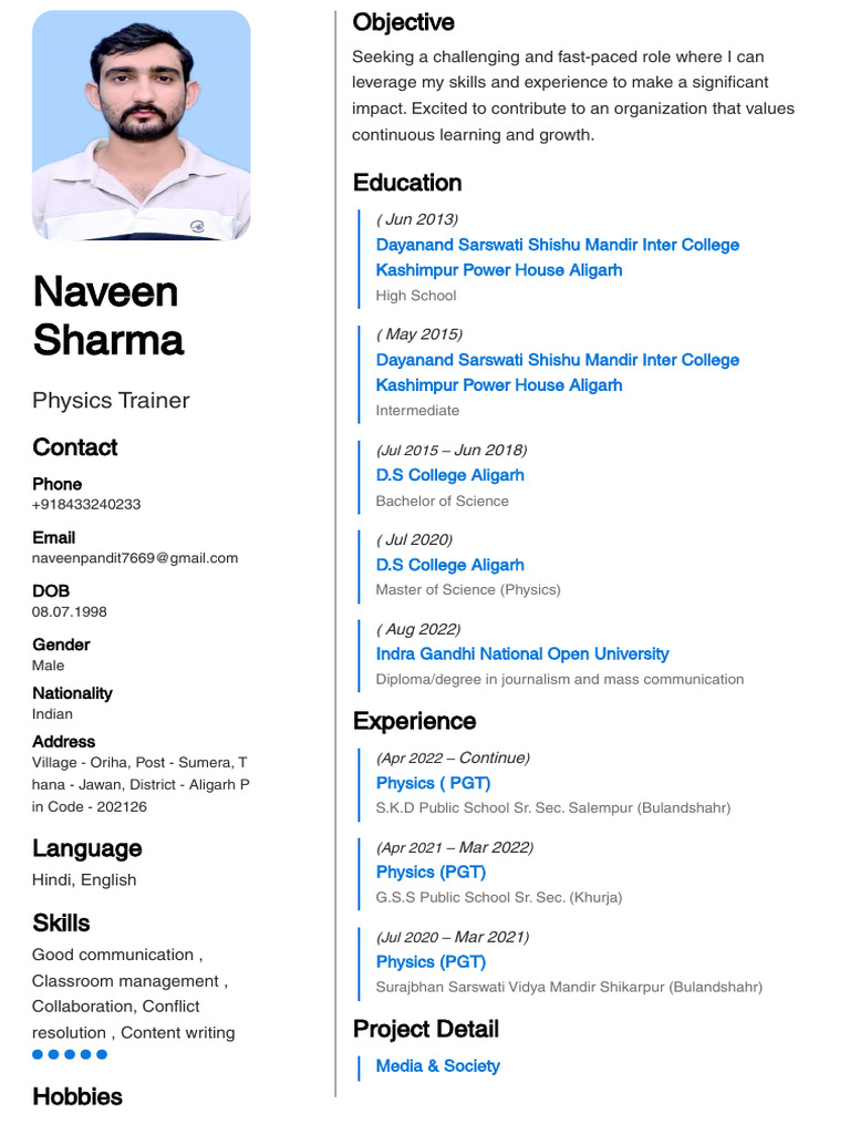 Naveen Sharma: Physics Trainer Profile | PDF | Cognition