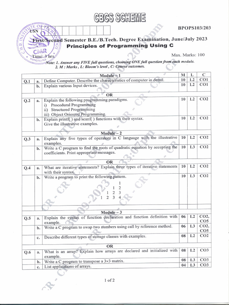 VTU Question Paper of BPOPS103 - BPOPS203 Principles of Programming Using C June-July-2023 | PDF