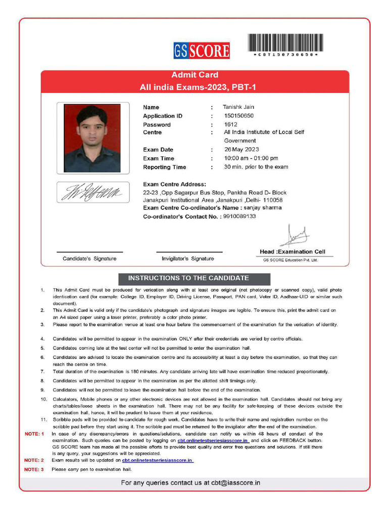 Hall Ticket Sample ImagE 2023 | PDF