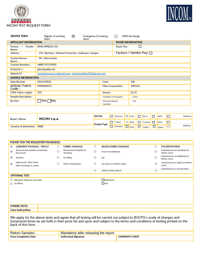 INCOM Test Request Form for Apparel | PDF | Textiles | Dye