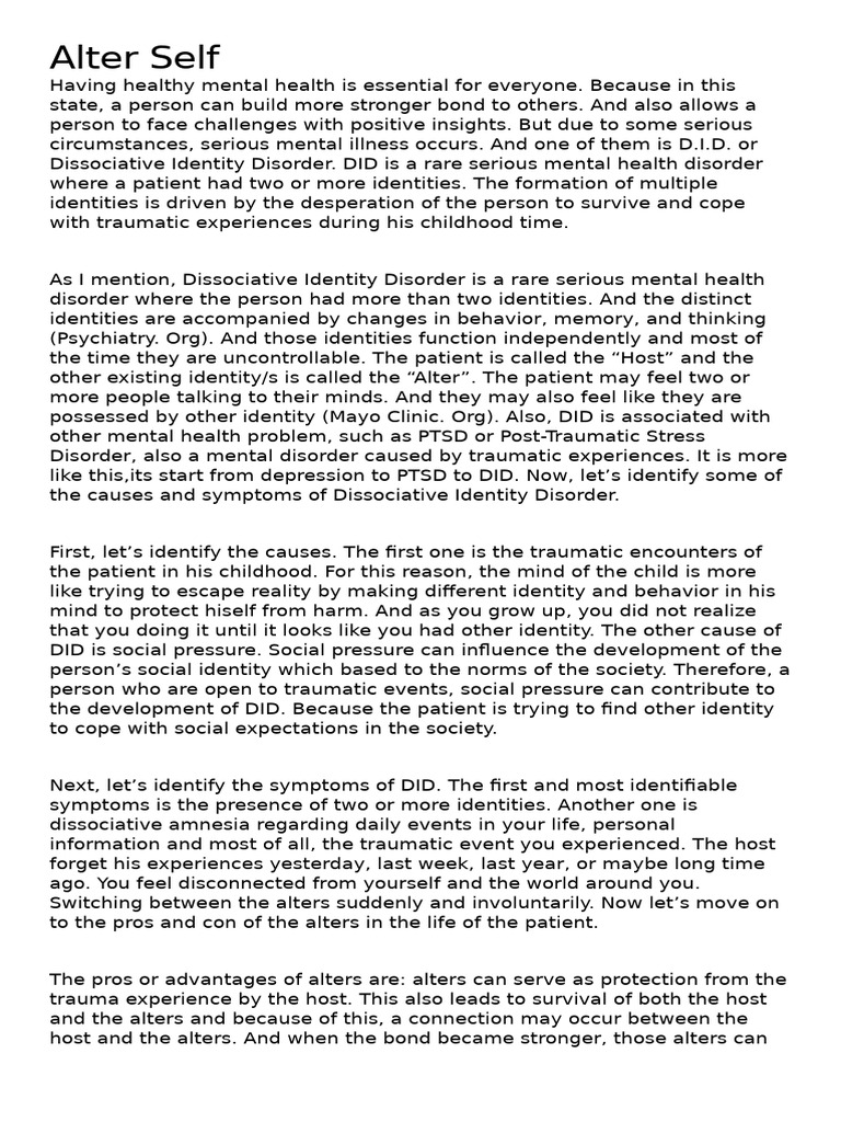 Alter Self | PDF | Psychological Trauma | Dissociation (Psychology)