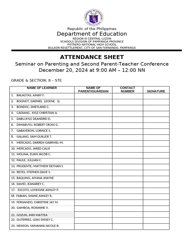 Attendance Sheet for Parent Conference | PDF
