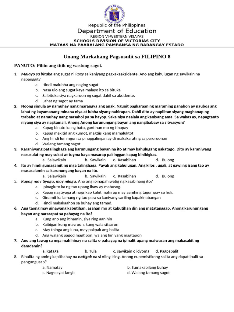 Unang Markahang Pagsusulit Sa FILIPINO 8 | PDF