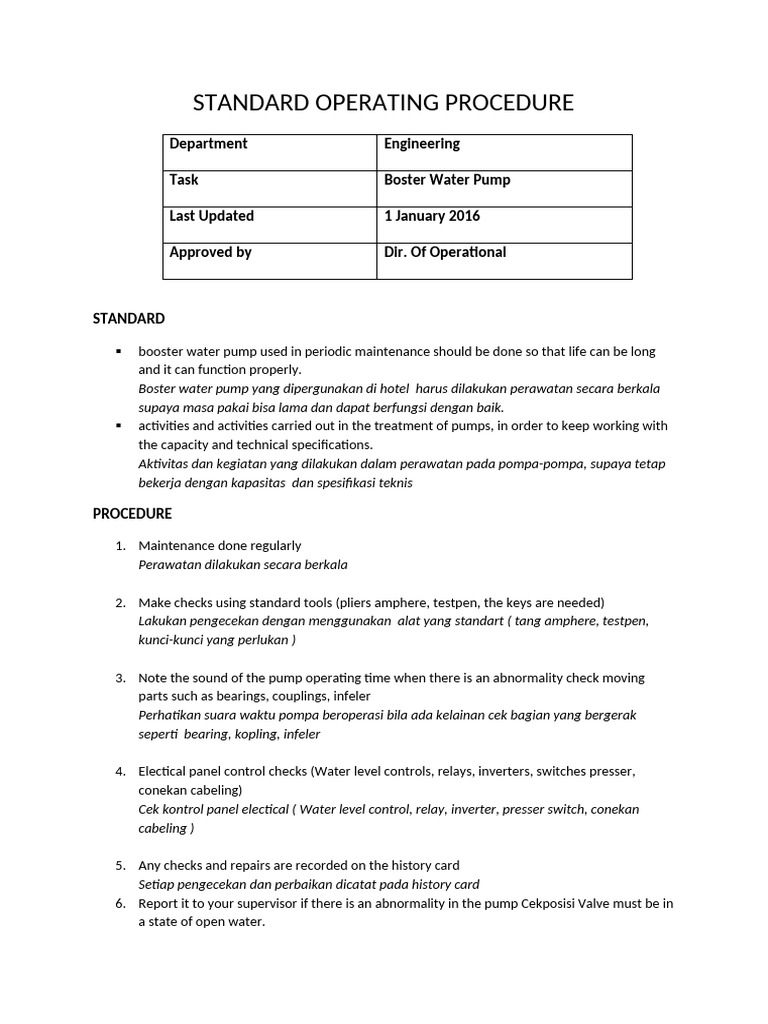 Boster Water Pump Maintenance SOP | PDF